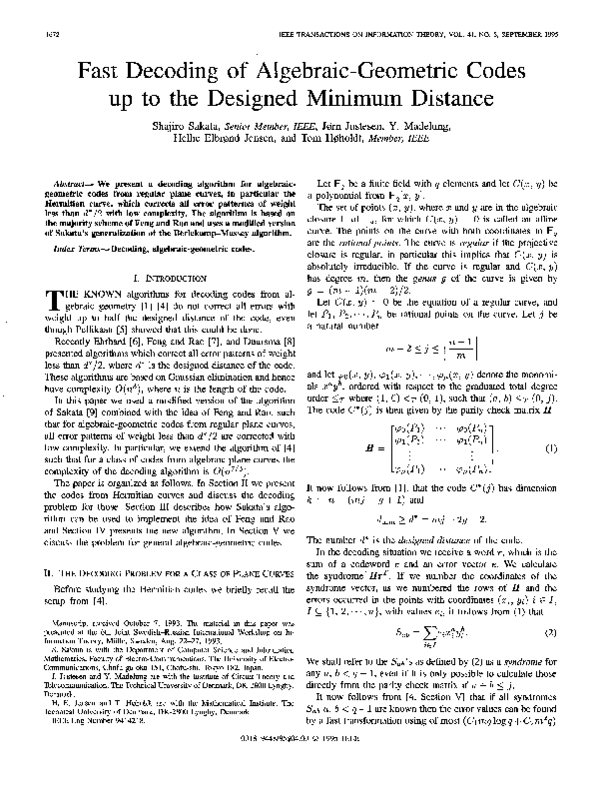 Pdf Fast Decoding Of Algebraic Geometric Codes Up To The Designed Minimum Distance