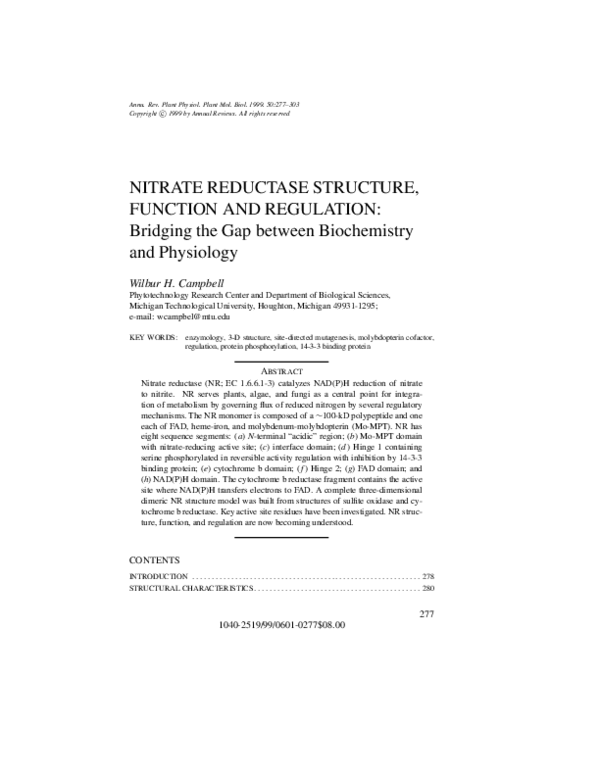 (PDF) NITRATE REDUCTASE STRUCTURE, FUNCTION AND REGULATION: Bridging ...