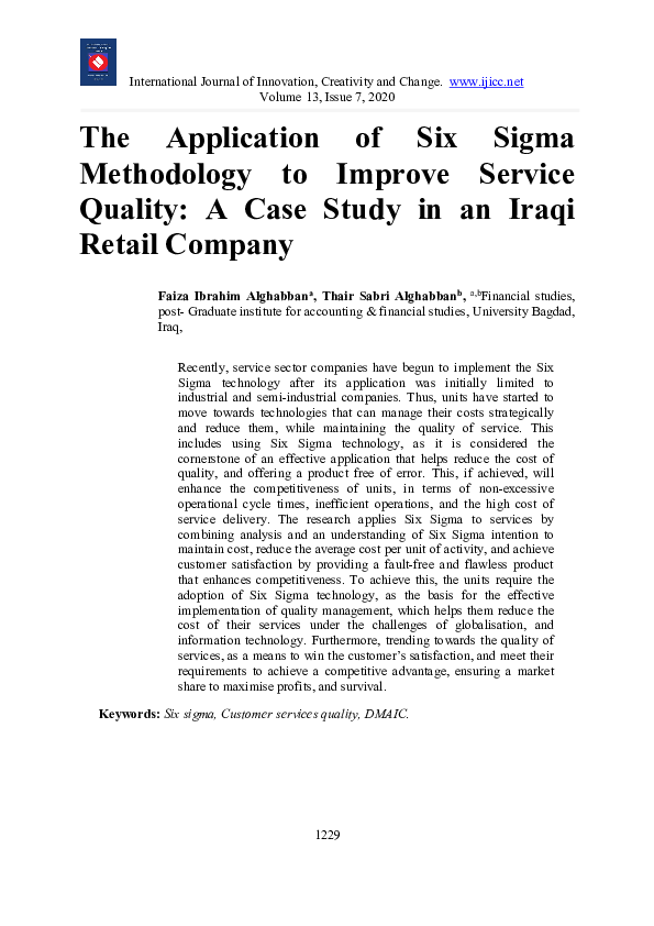 (PDF) The Application of Six Sigma Methodology to Improve Service ...