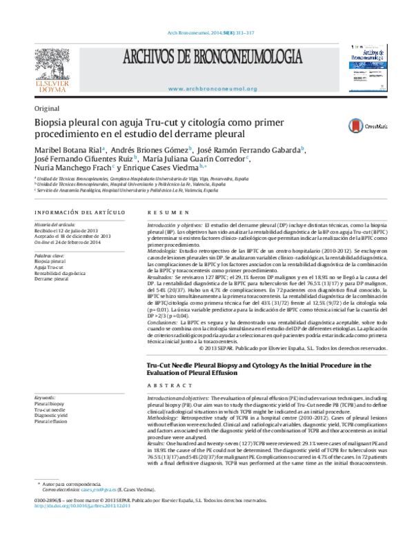 (PDF) Biopsia pleural con aguja Tru-cut y citología como primer ...
