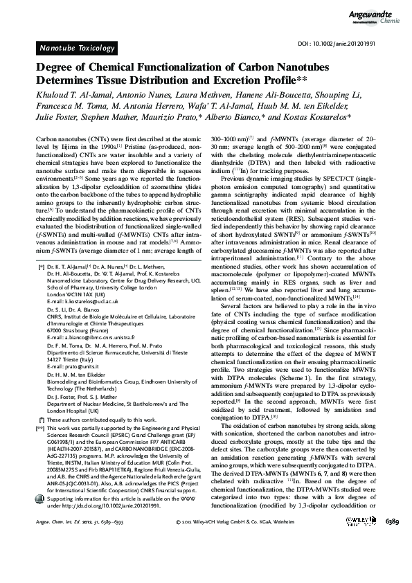 (PDF) Degree of Chemical Functionalization of Carbon Nanotubes Determines Tissue Distribution ...