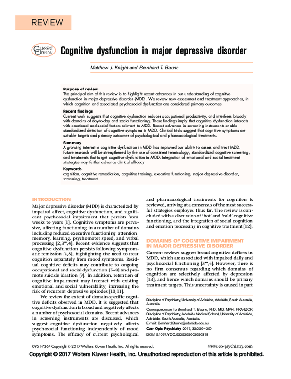 (PDF) Cognitive Dysfunction in Major Depressive Disorder: A State-of ...