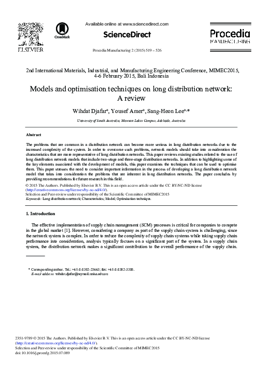 Pdf Models And Optimisation Techniques On Long Distribution Network