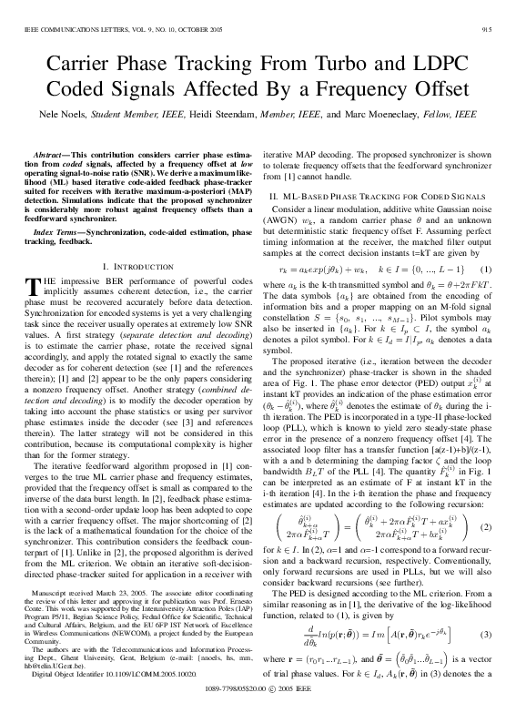 (PDF) Carrier phase tracking from turbo and LDPC coded signals affected by a frequency offset
