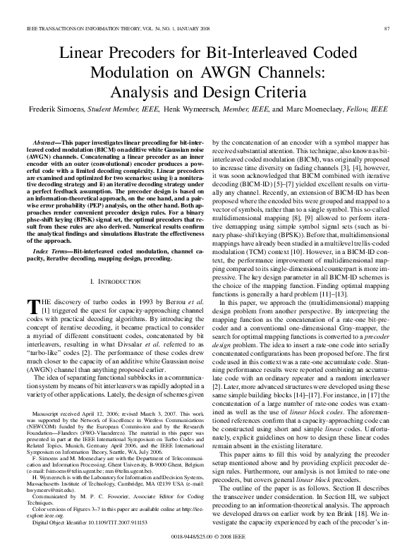 (PDF) Linear Precoders for Bit-Interleaved Coded Modulation on AWGN ...