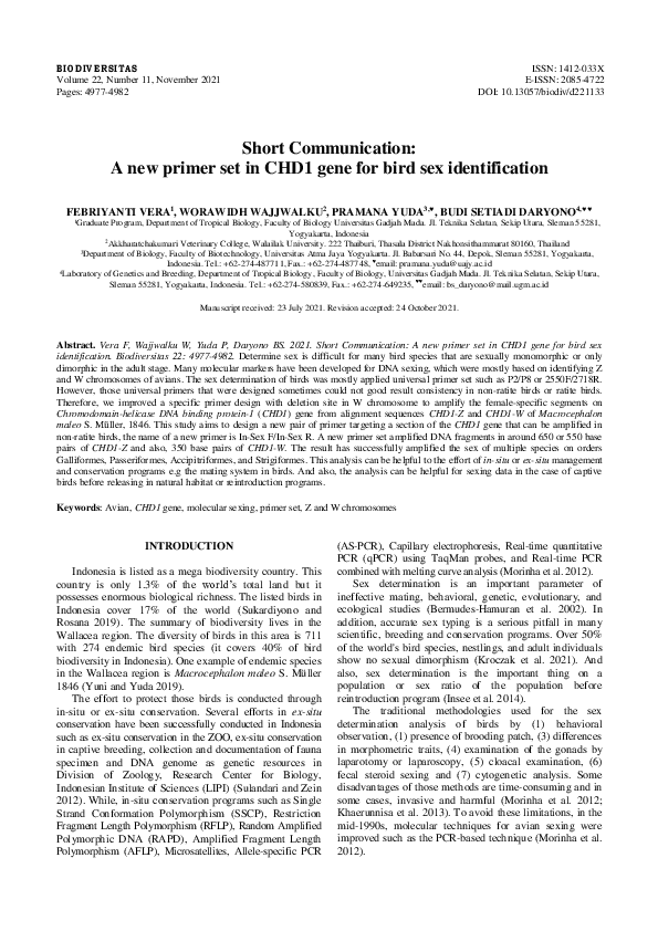 (PDF) Short Communication: A new primer set in CHD1 gene for bird sex ...