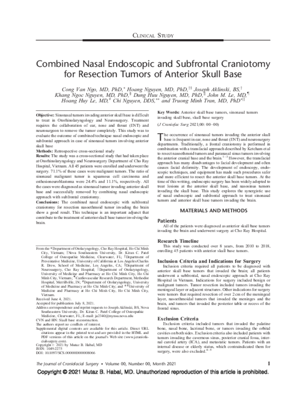 (PDF) Combined Nasal Endoscopic and Subfrontal Craniotomy for Resection ...