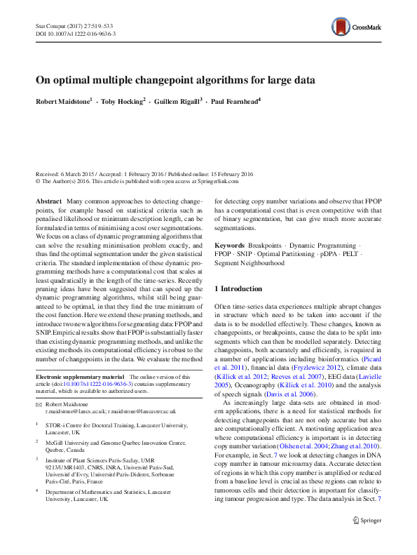 (PDF) On optimal multiple changepoint algorithms for large data | Paul ...