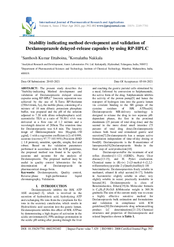(PDF) Stability indicating method development and validation of Dexlansoprazole delayed-release ...
