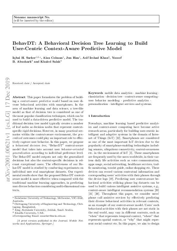 Pdf Behavdt A Behavioral Decision Tree Learning To Build User Centric Context Aware