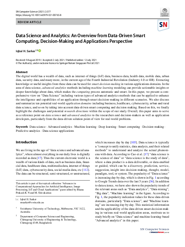 (PDF) Data Science and Analytics: An Overview from Data-Driven Smart Computing, Decision-Making ...