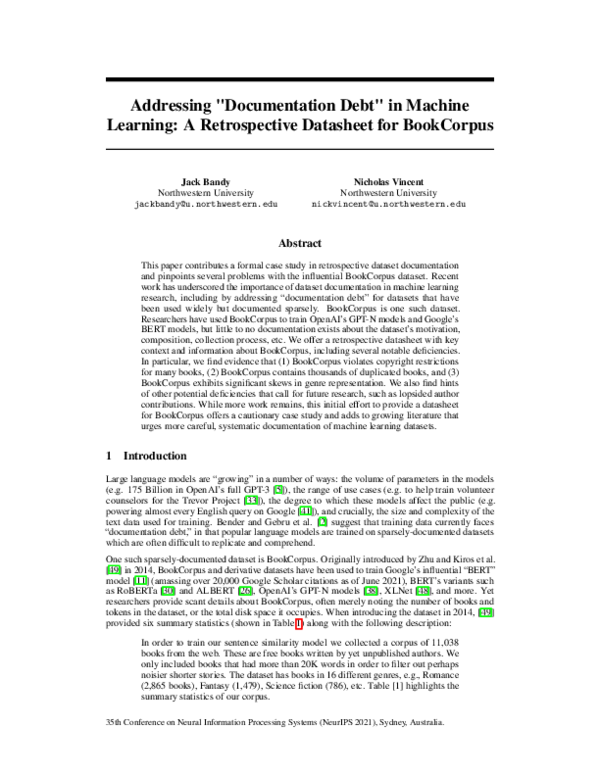 (PDF) Addressing "Documentation Debt" in Machine Learning: A Retrospective Datasheet for BookCorpus