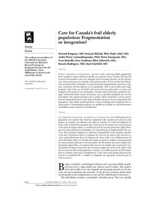(PDF) Care for Canada's frail elderly population: fragmentation or ...