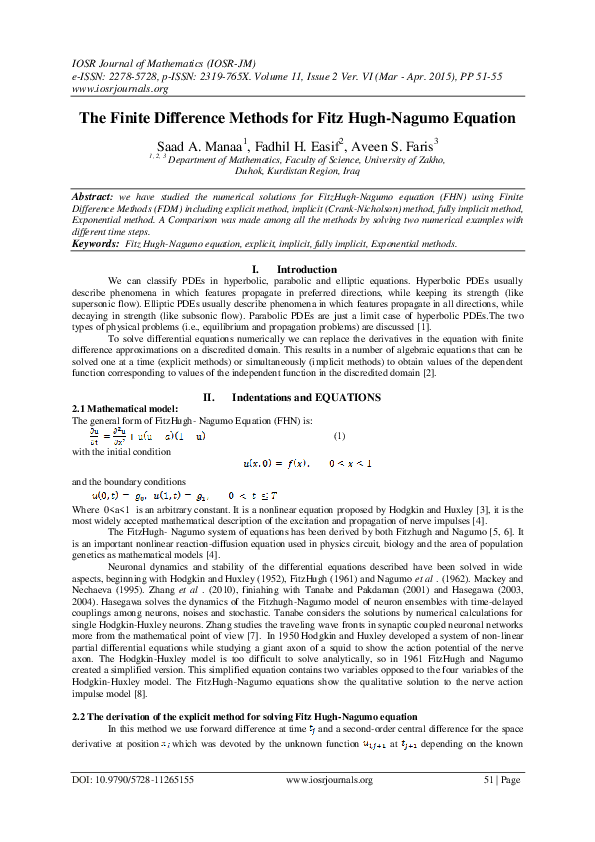 Pdf The Finite Difference Methods For Fitz Hugh Nagumo Equation