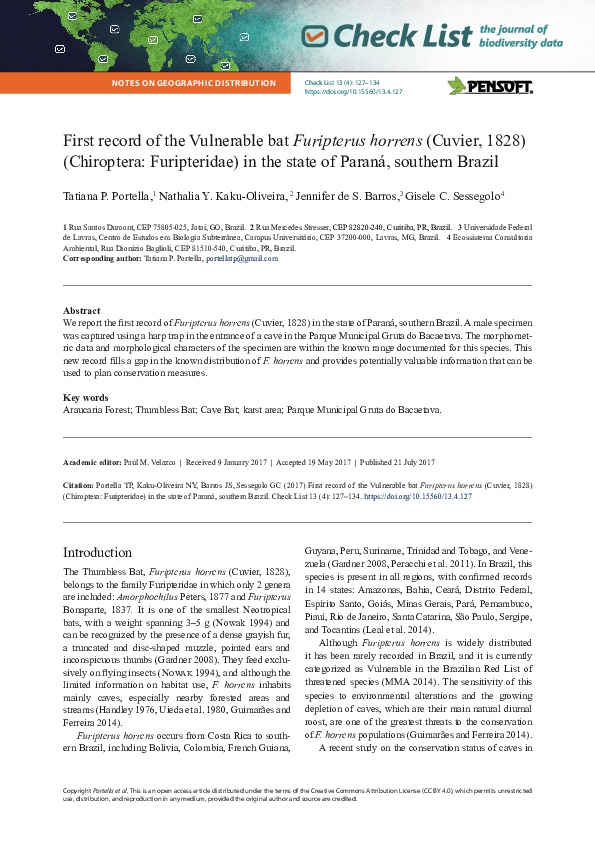 (PDF) First record of the Vulnerable bat Furipterus horrens (Cuvier ...