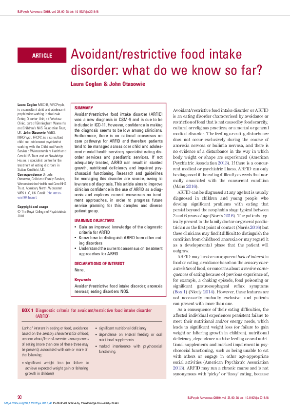 (PDF) Avoidant/restrictive food intake disorder: what do we know so far?