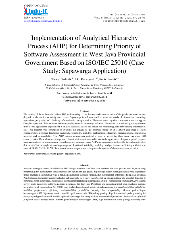 Pdf Implementation Of Analytical Hierarchy Process Ahp For Determining Priority Of Software