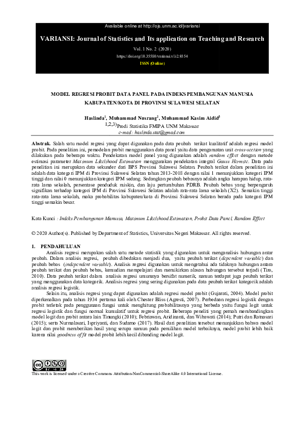 (PDF) Model Regresi Probit Data Panel Pada Indeks Pembangunan Manusia Kabupaten/Kota DI Provinsi ...
