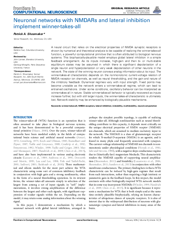 (PDF) Neuronal networks with NMDARs and lateral inhibition implement ...