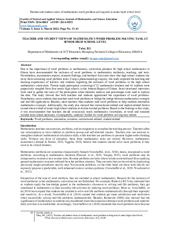 (PDF) Teacher and student views of mathematics word problem-solving ...