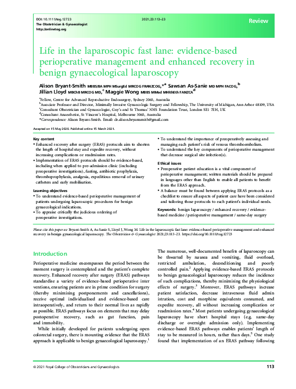 (PDF) Life in the laparoscopic fast lane: evidence‐based perioperative ...