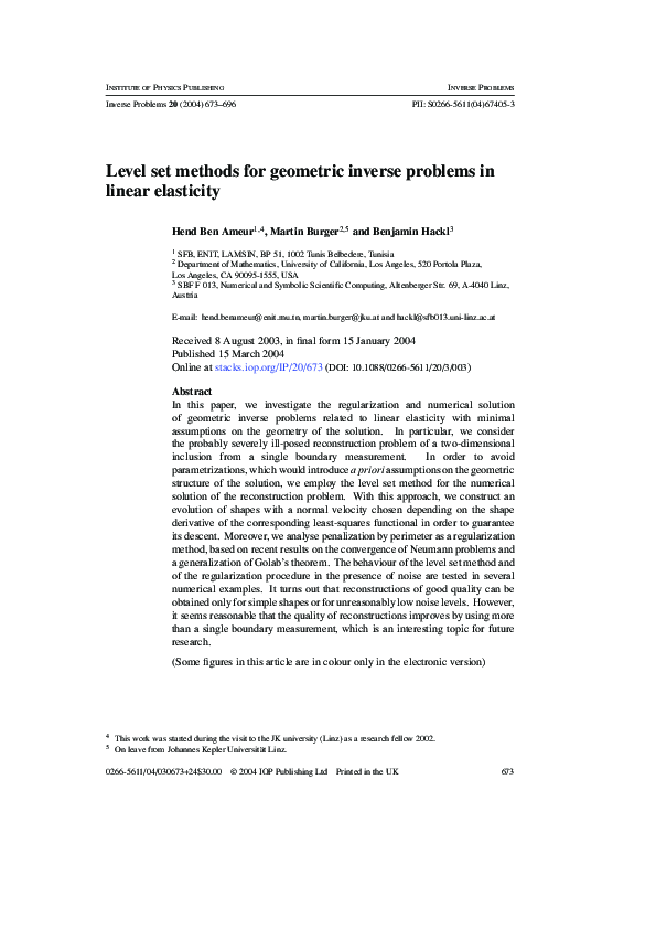 (PDF) Level set methods for geometric inverse problems in linear elasticity