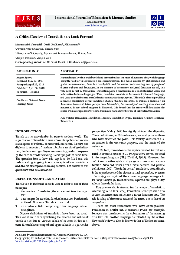 (PDF) A Critical Review of Translation: A Look Forward