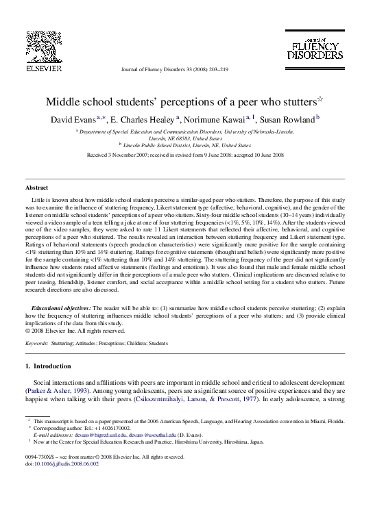 (PDF) Middle school students’ perceptions of a peer who stutters