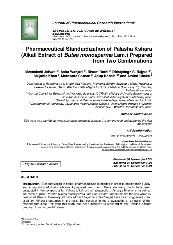 (PDF) Pharmaceutical Standardization of Palasha Kshara (Alkali Extract ...
