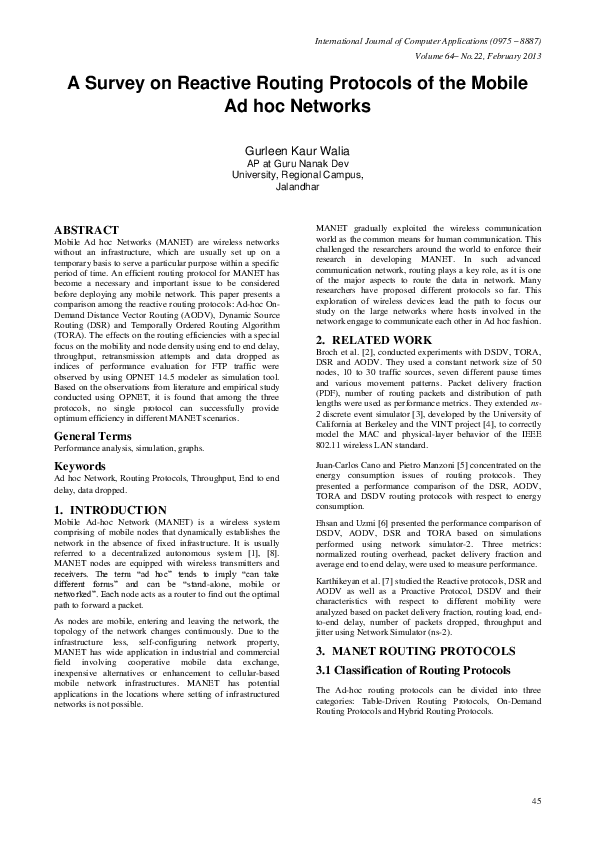 (PDF) A Survey on Reactive Routing Protocols of the Mobile Ad hoc Networks