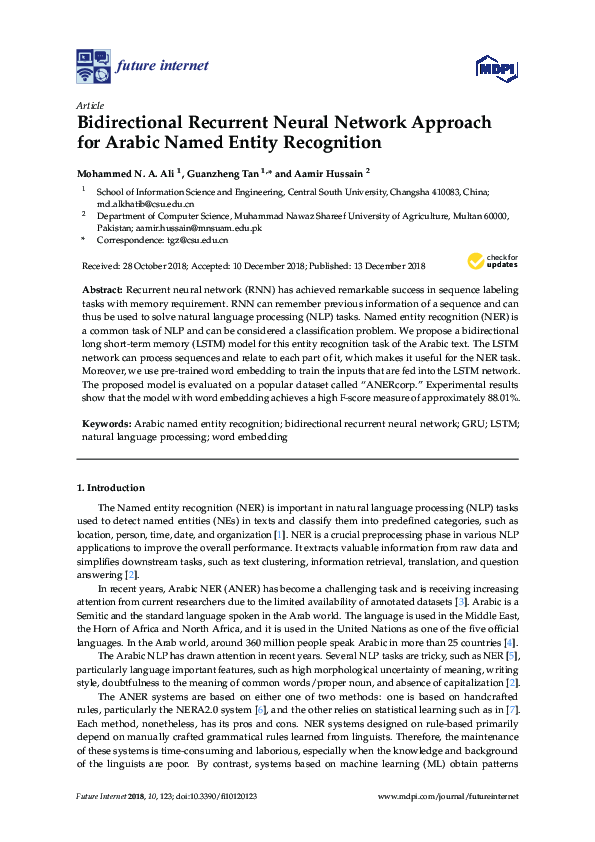 Pdf Bidirectional Recurrent Neural Network Approach For Arabic Named Entity Recognition