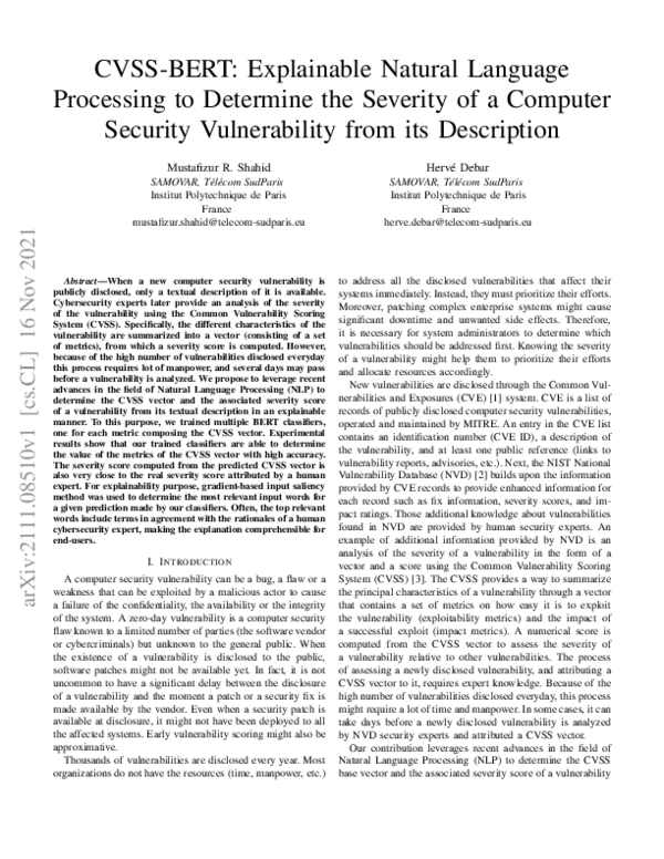 (PDF) CVSS-BERT: Explainable Natural Language Processing to Determine the Severity of a Computer ...