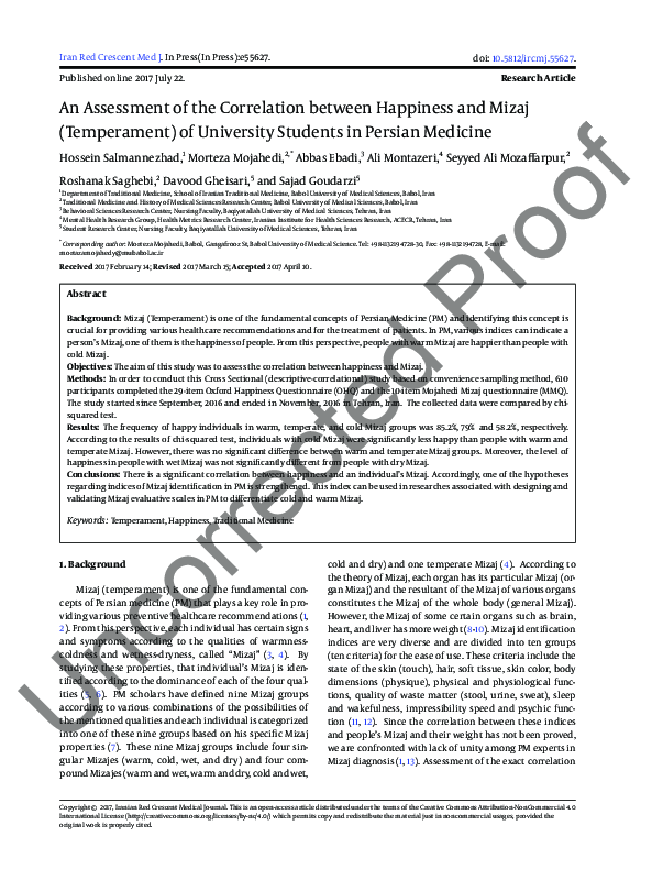 (PDF) Design and Validation of Mizaj Identification Questionnaire in ...