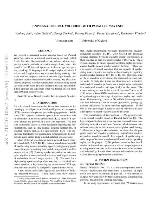 (PDF) Universal Neural Vocoding with Parallel WaveNet