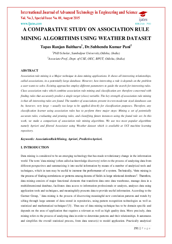 (PDF) A Comparative Study on Association Rule Mining Algorithms Using Weather Dataset