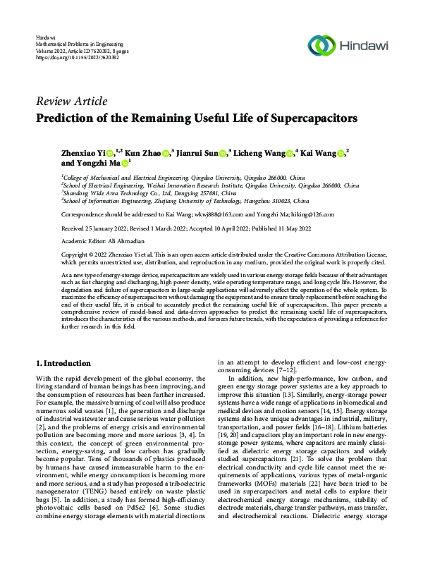 (PDF) Prediction of the Remaining Useful Life of Supercapacitors