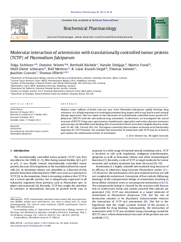 (PDF) Molecular interaction of artemisinin with translationally ...