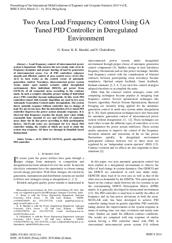 (PDF) GA-tuned PID Control for Two-Area Systems