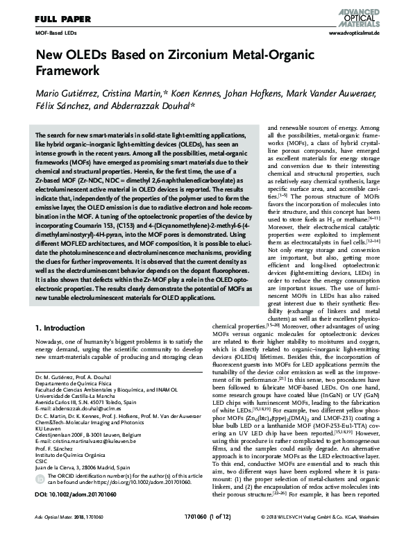 (PDF) New OLEDs Based on Zirconium Metal-Organic Framework