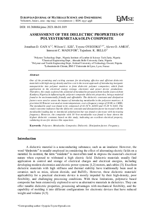 (PDF) Assessment of the Dielectric Properties of Polyester/Metakaolin ...