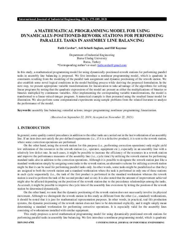 (PDF) A MATHEMATICAL PROGRAMMING MODEL FOR USING DYNAMICALLY-POSITIONED-REWORK STATIONS FOR ...