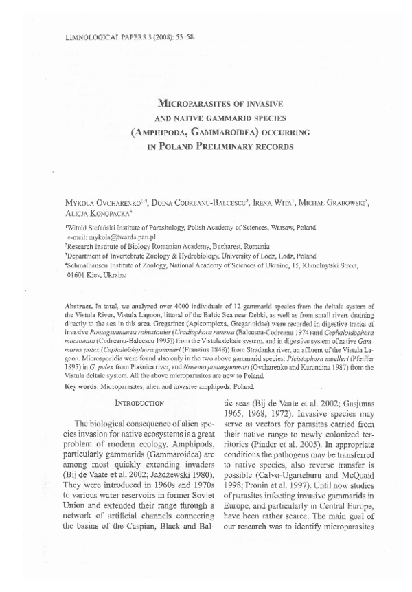 (PDF) Microparasites of invasive and native gammarid species (Amphipoda ...