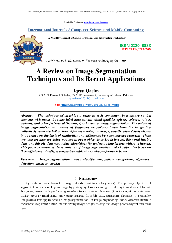 (PDF) A Review on Image Segmentation Techniques and Its Recent Applications