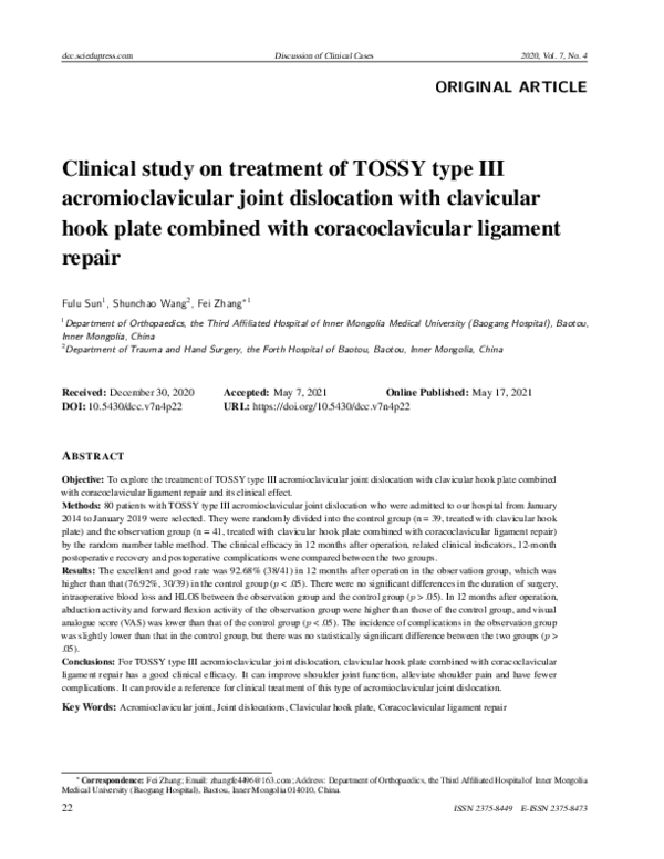 (PDF) Clinical study on treatment of TOSSY type III acromioclavicular ...