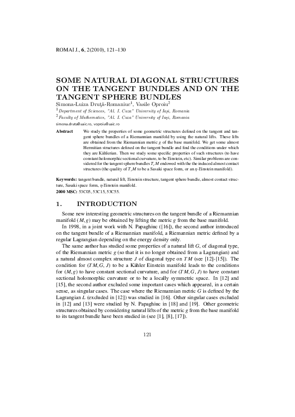(PDF) Some Natural Diagonal Structures on the Tangent Bundles and on ...