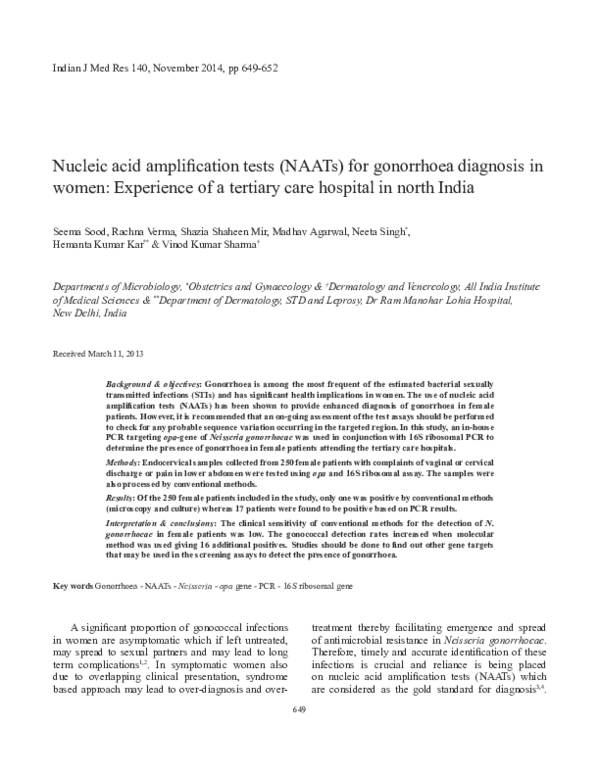 (PDF) Nucleic acid amplification tests (NAATs) for gonorrhoea diagnosis ...