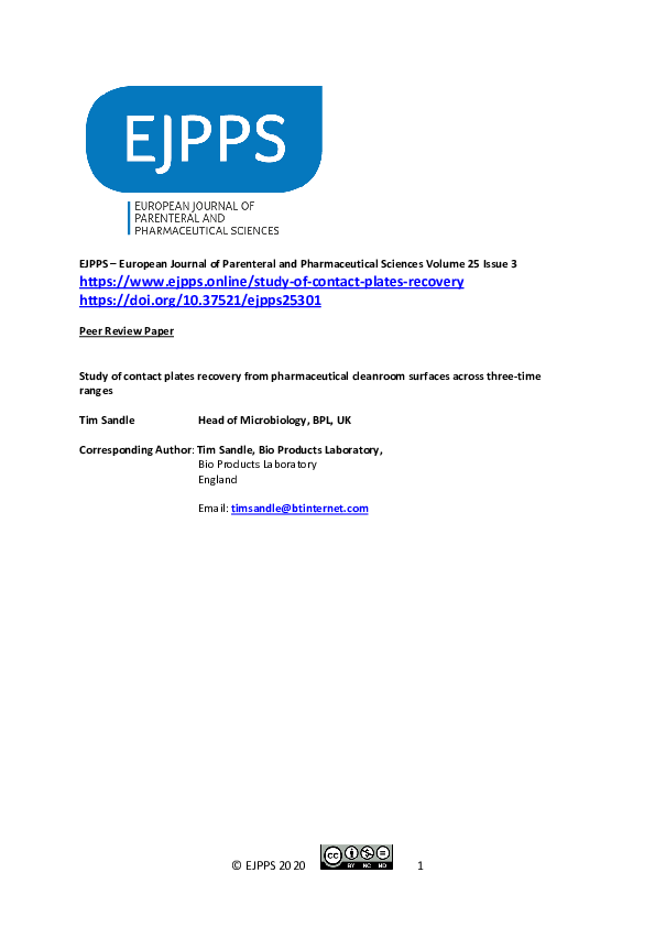 (PDF) Study of contact plates recovery from pharmaceutical cleanroom ...