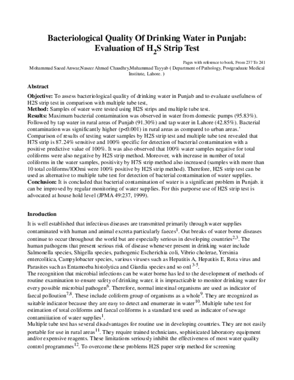 (PDF) Bacteriological quality of drinking water in Punjab: evaluation ...