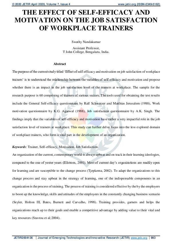 (PDF) The Effect of Self-efficacy and Motivation on the Job satisfaction of Workplace Trainers