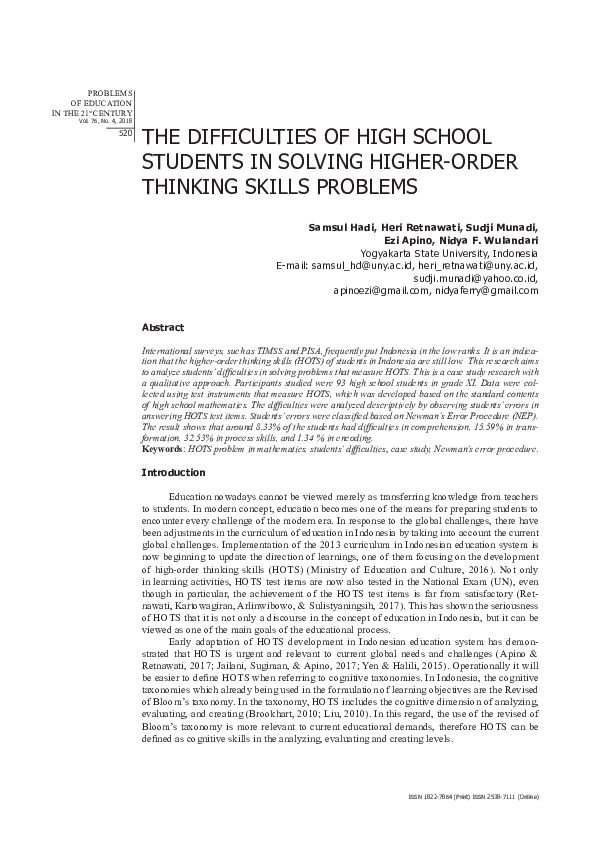 (PDF) The Difficulties of High School Students in Solving Higher-Order Thinking Skills Problems